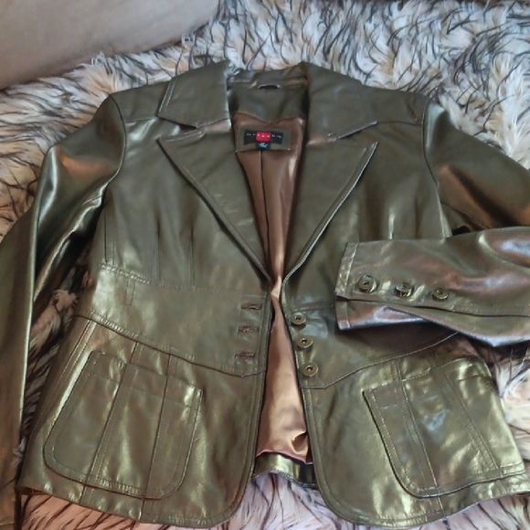 Gallery | Jackets & Coats | Gallery Womens Olive Gold Shimery Leather ...